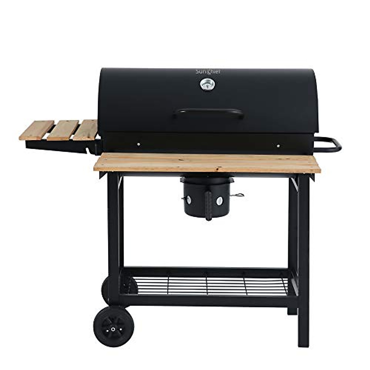 SUNCHIEF 613 Square Inches Heavy Duty Trolley Charcoal BBQ Grill Outdoor with Offset Smoker & Foldable Wooden Shelf