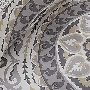 D&H 9 Piece Light Grey Medallion Comforter King Set, Beautiful All Over Bohemian Boho Chic Bedding, Multi Floral Paisley Mandala Motif Themed, Damask Flower Pattern Design, Taupe Tan Dark Gray