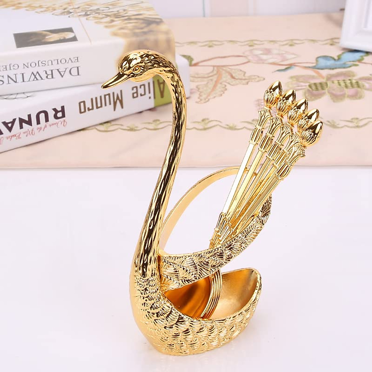 Stainless Steel Spoon Cutlery Kit with Zinc Alloy Swan Shape Retainer Storage Cutlery Rack Home Decor(Gold)