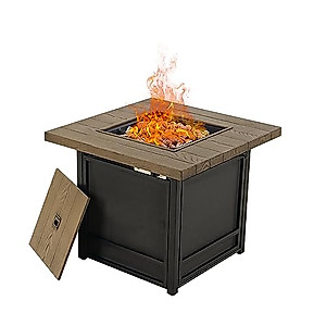 Yangming 30" Propane Gas Fire Pit Table with Lid and Wood Tabletop for Outdoor, 50,000 BTU Propane Fire Table with Lava Rocks, Heavy Duty 2 in 1 Square Firepit Table for Patio/Backyard/Party