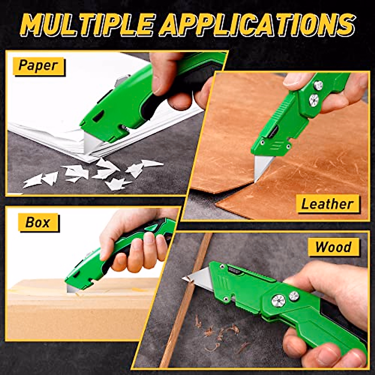 DIYSELF 2-Pack Utility Knife, Box Cutter Retractable and Folding Utility Knife, Blade Storage Design, Box Cutters for Cardboard, Cartons, Razor Knife with Extra 10 Blades, Quick Change Blade (Green)