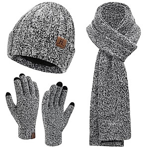 Womens Winter Warm Knit Beanie Hat Touchscreen Gloves Long Neck Scarf Set with Fleece Lined Skull Caps Gifts for Women Men Black