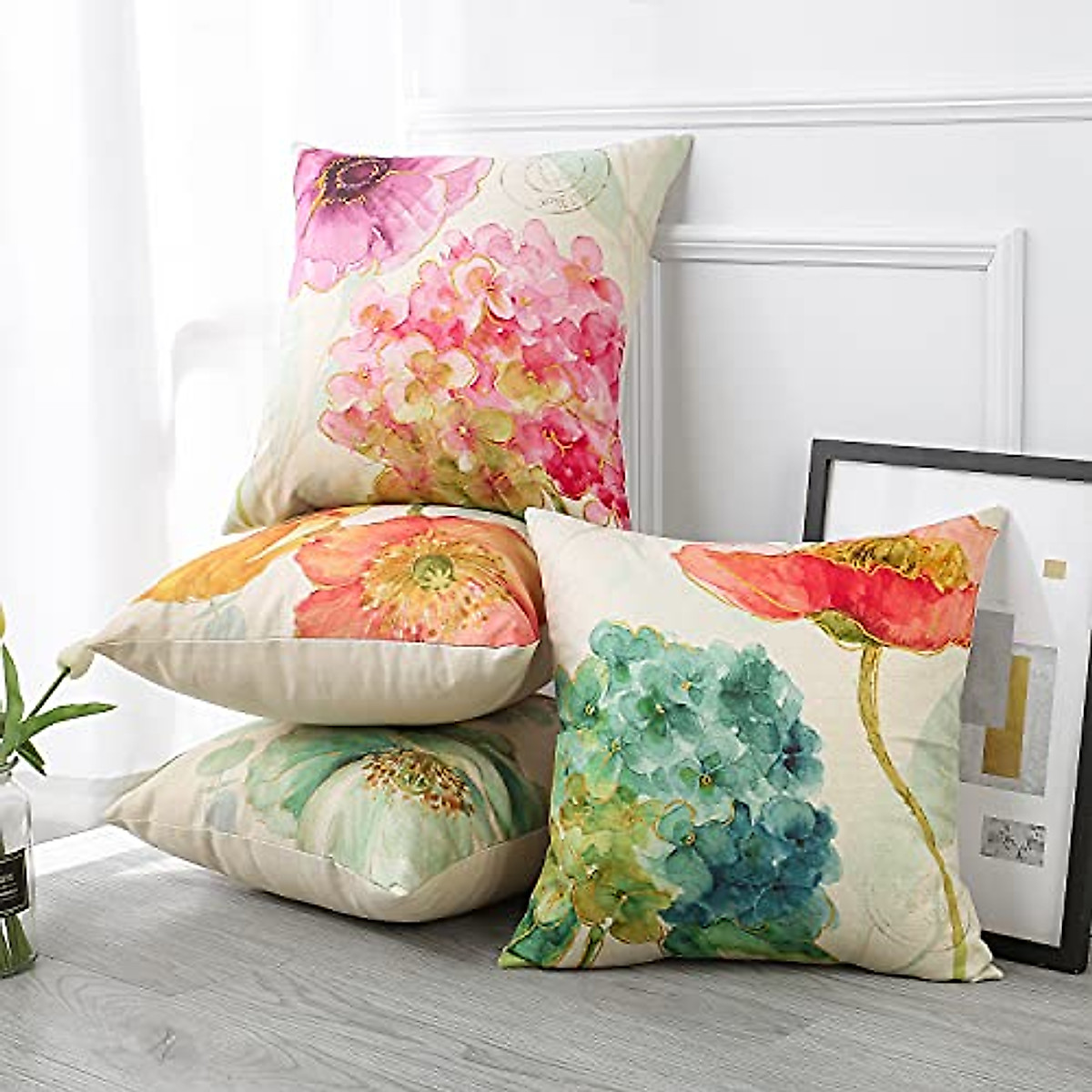 Artscope Set of 4 Waterproof Throw Pillow Covers 18x18 Inches, Hydrangea and Lotus Pattern Decorative Cushion Covers, Perfect to Outdoor Patio Garden Living Room Sofa Farmhouse Decor