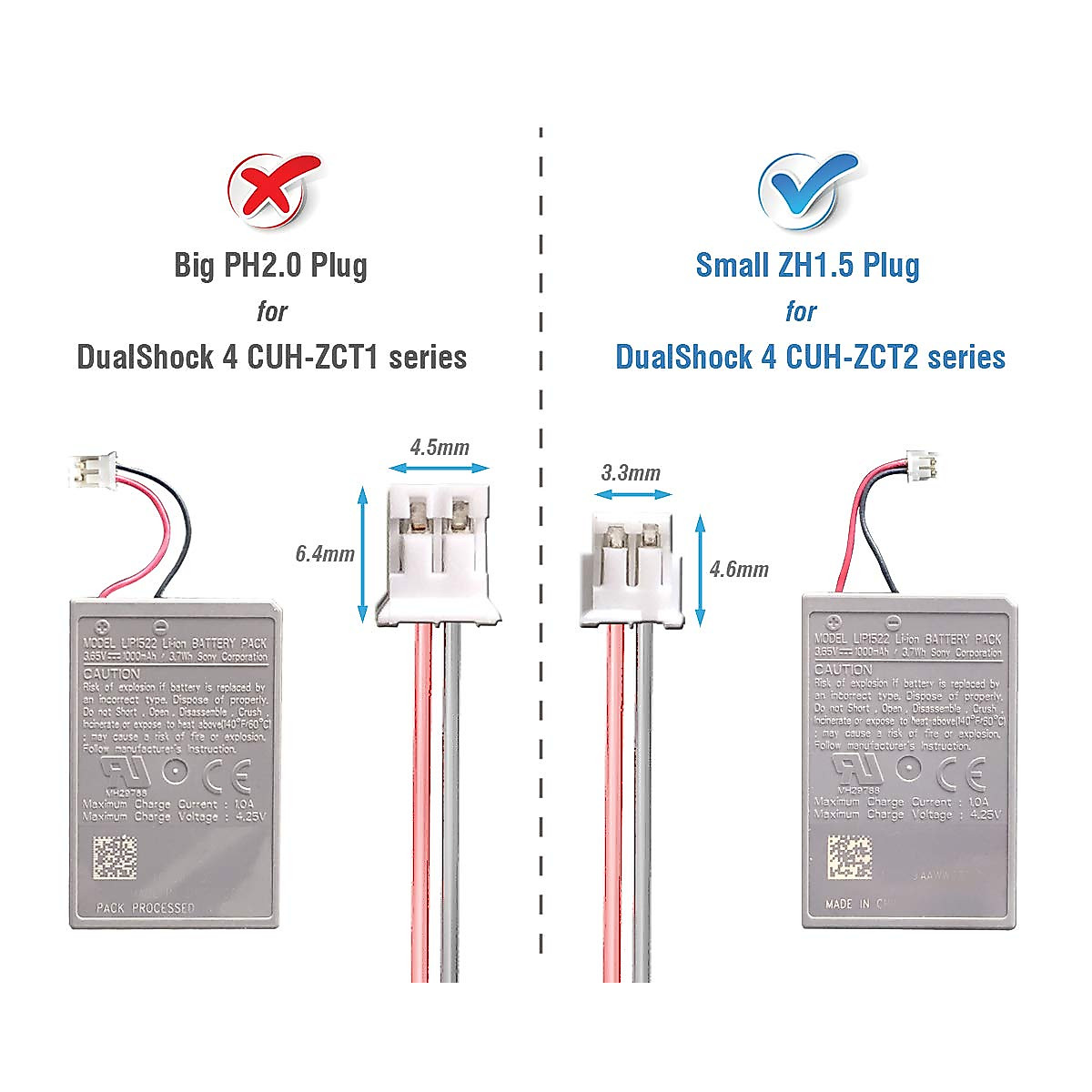 ElecGear 1PC Replacement Battery Pack for PS4 Controller V4, 1500mAh Li-ion Rechargeable Battery for PlayStation 4 DualShock CUH-ZCT2 Series LIP1522 with Small Plug, Repair Tool Kit Included