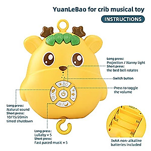 Yuanlebao Crib Mobile for Pack and Play,Baby Crib Toys with Light and Music, Rotation,Timing, Toddlers Toy for Remote Lamp, Projector for Crib Accessories,Nursery Toys for Infant 3M+（Yellow）