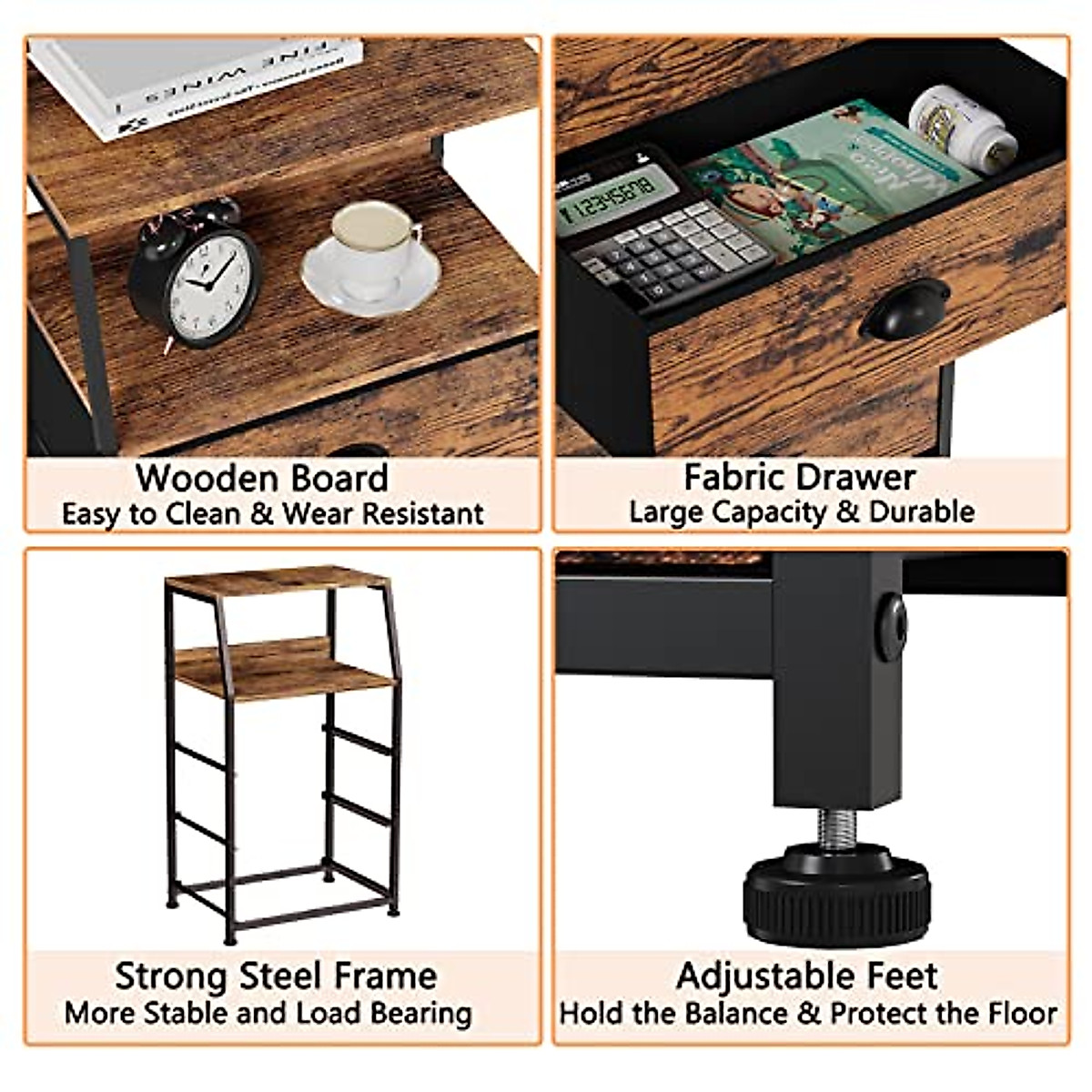 Furnulem Nightstand with 3 Drawers and 2-Tier Shelf, Fabric Small Dresser Organizer Vertical Storage Tower for Bedroom, Closet, Hallway, Nursery, End Table Side Furniture, Sturdy Steel Frame, Wood Top