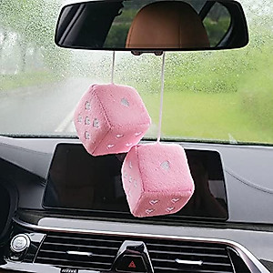 Cyncoy Pair Fuzzy Plush Dice for Car Rearview Mirror, 3" Retro Square Heart-Shape Decoration Dice for Hanging Car Accessories, Car Decorations for Women (Pink) (FD001)
