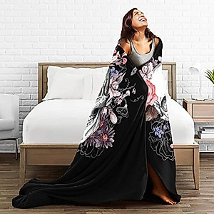 Pink Rose and Skull Throw Blanket Plush Flannel Bed Sofa Couch Office Home Women Men Soft Warm Lightweight 50 x 60 inches