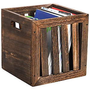 Yarlung Wood Storage Bin Cube Wood Crate with Handles, Rustic Brown Decorative Box Books Toys Shelf Basket Organizer for Closet, Bookcase, Workroom, Inside 11"x11"x11", Stackable and Easy Assembly
