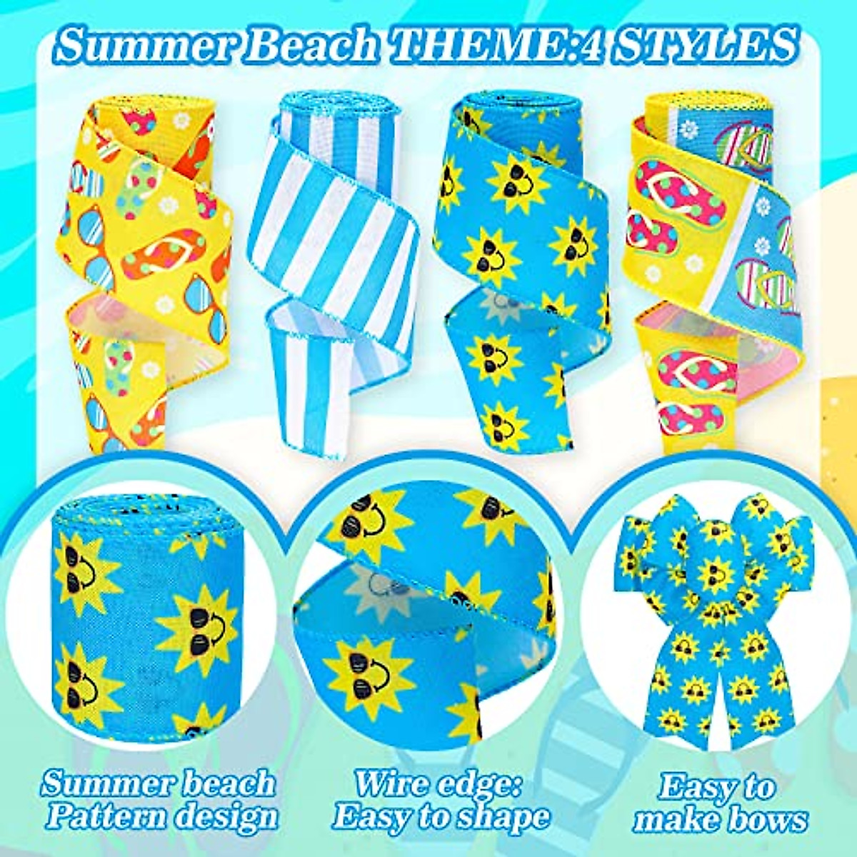 Whaline 4 Rolls Summer Wired Ribbon 24 Yards Flip Flop Fabric Decorative Ribbon Summer Theme Sunshine Fabric Ribbon Beach Party Stripe Craft Ribbon for Summer Wreath Bow DIY Craft Wrapping, 2.5 Inch