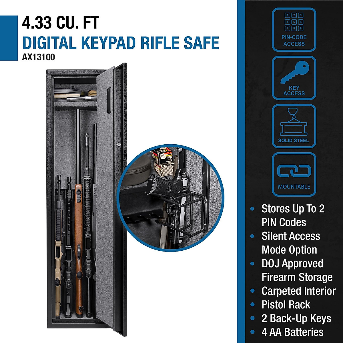 BARSKA AX13100 4.33 Cubic Foot Keypad Rifle Safe, One Size, Black