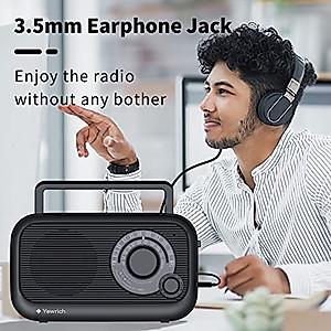 AM FM Radio with Best Reception, Bluetooth Speaker Portable Radio, DSP Plug in Wall Radio Battery Operated or AC Power with Headphone Jack, Large Tuning Knob for Home Kitchen Outdoor, Black