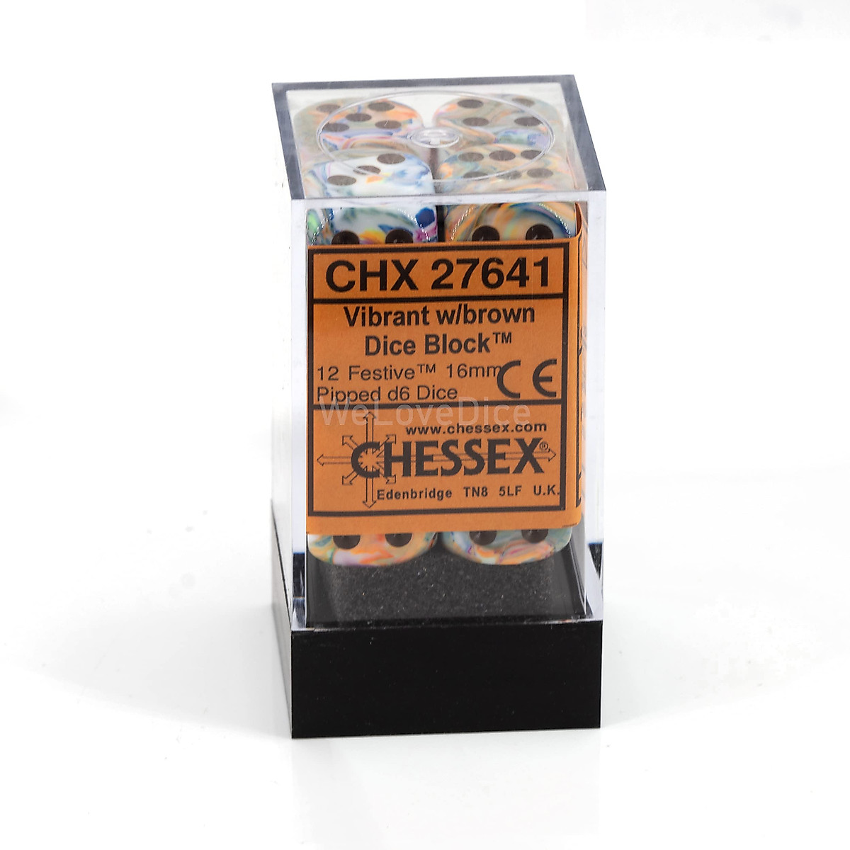 Chessex Dice d6 Sets: Festive Vibrant Swirl with Brown Pips - 12mm Six Sided Die (36) Block of Dice