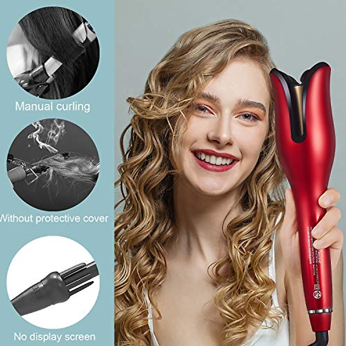 MIUOPUR Automatic Hair Curling Iron with Ceramic Ionic Barrel, Smart Anti-Stuck, Auto Rotating Hair Curling Wand with Temperature Display and Timer, Professional Hair Curler Styling Tool - Red