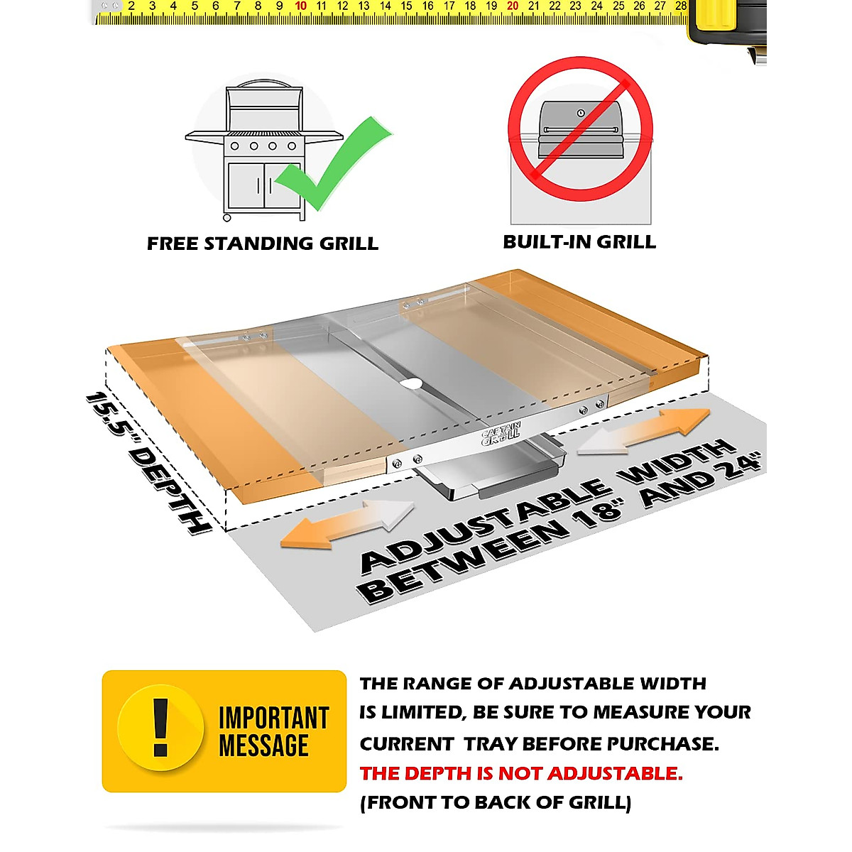 Grease Tray with Catch Pan - Adjustable Drip Pan for Gas Grill Models from Dyna Glo, Nexgrill, Expert Grill, Kenmore, BHG and More - Stainless Steel Grill Replacement Parts(Width 18"-24")