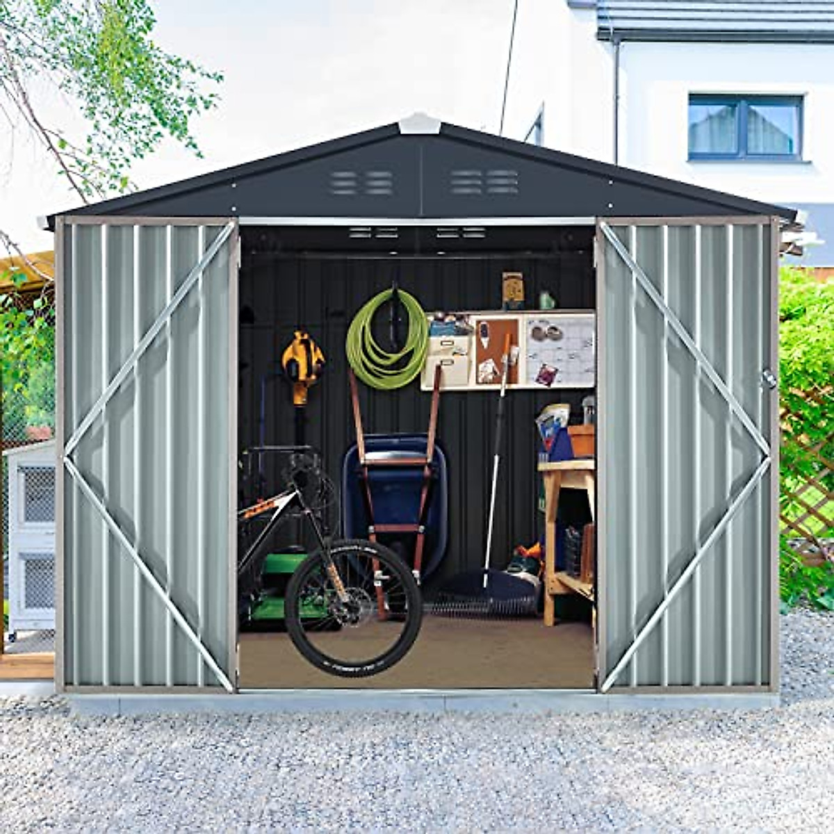 AECOJOY 8.4' x 6.3' Outdoor Storage Shed, Sheds & Outdoor Storage with Design of Lockable Doors, Utility and Outdoor Shed for Garden, Backyard, Patio, Outside use.