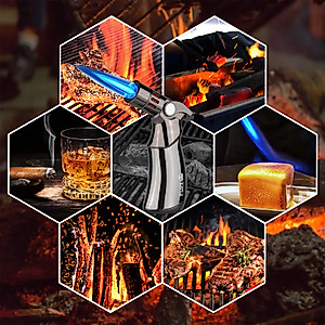 Butane Torch, Premium 4 Flame Big Kitchen Torch Lighters with Adjustable Refillable Multipurpose Culinary Blow Torch for Creme Brulee, Baking, BBQ (Butane Gas Not Included)