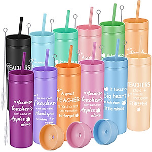 12 Pack Teacher Appreciation Gifts for Teachers Skinny Tumblers 16oz Matte Pastel Colored Acrylic Tumblers with Lids and Straws Thank You Gifts for Grad Teachers Day Birthday (Bright Colors, 12 Pack)