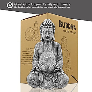 Nacome Meditating Buddha Statue with Solar Light,Zen Solar Garden Buddha with Cracked Glass Ball Sculpture-Indoor/Outdoor Decor for Balcony,Garden,Patio,Porch Yard Art Ornament,Gift