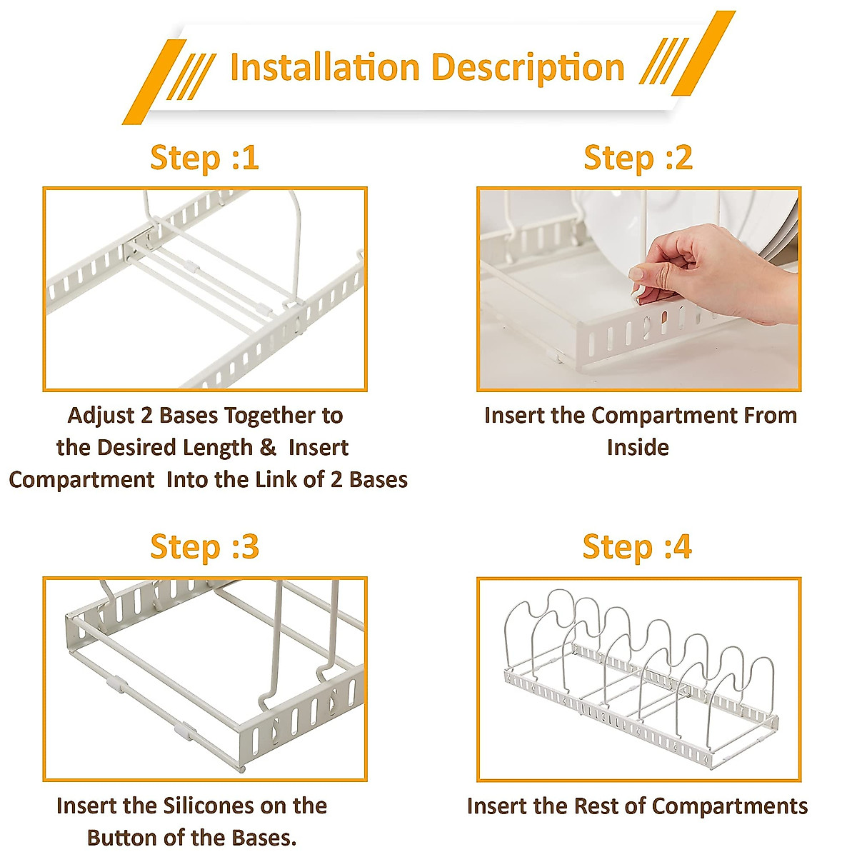 COZIMORE Pots and Pans Organizer,Pan Organizer rack for cabinet, and Rack Organizer with 7 dividers,Dish Rack for Cabinets, Lid Organizer, Cabinet Organizer WHITE