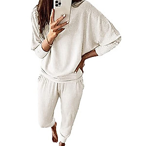 PRETTYGARDEN Women's 2023 Fall Fashion Outfits 2 Piece Sweatsuit Solid Color Long Sleeve Pullover Long Pants (Off-white,X-Large)