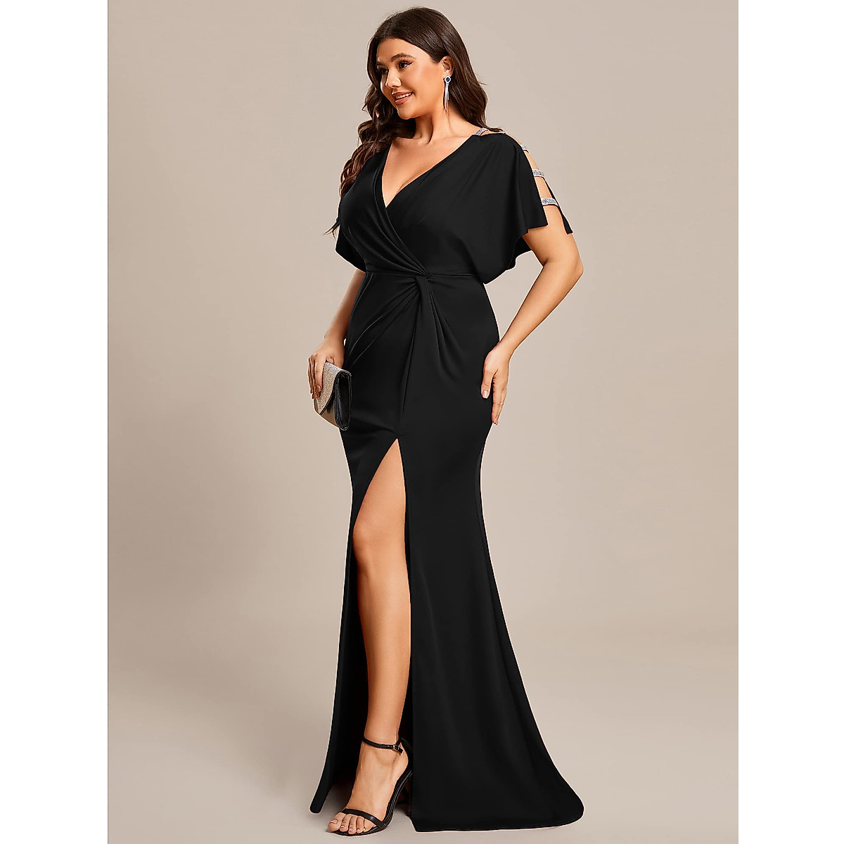 Ever-Pretty Plus Women's V Neck High Slit Hollow Out Sequin Sleeve Mermaid Plus Size Formal Party Dress Black US18