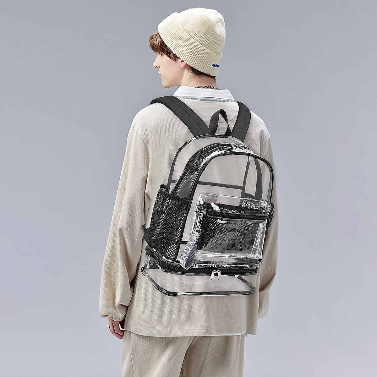 mygreen Clear Backpack with Bottom Compartment for Lunch Box or Shoes, 2-in-1 Design for School, Sports, Work, Stadium, Security, Travel, College Grey