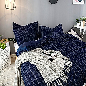 Merryfeel Seersucker Duvet Cover Set King,100% Cotton Yarn Dyed Seersucker Woven Check Bedding Set,3 Pieces(1 Duvet Cover with 2 Pillowshams),Navy Color King