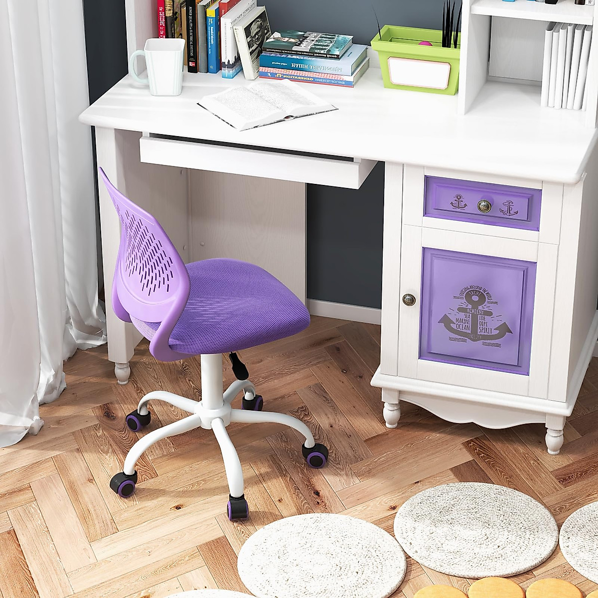 DORTALA Desk Chair for Teen, Kids Armless Swivel Small Cute Low-Back Mesh Office Chair Comfy with Adjustable Height, Lumbar Support, Ergonomic Computer Study Chair in Home Bedroom School, Purple