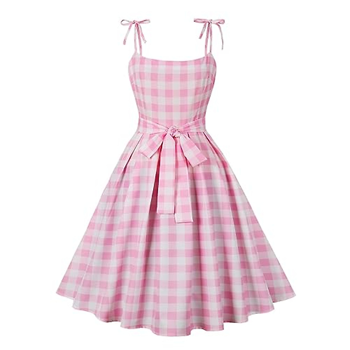 Nihsatin Barbie Pink Swing Dress Tie Shoulder Plaid Printed Knot Waist Dress