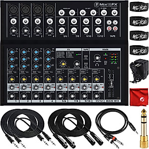 Mackie Mix12FX 12-Channel Compact Effects Mixer Bundle with 2x Mophead 10-Foot TRS Cable, 2x 10-Foot XLR Cable, 3-Foot 1/4" to 3.5mm TS Cable, 1/4" to 3.5mm Adapter, 4x Cable Ties, Microfiber Cloth