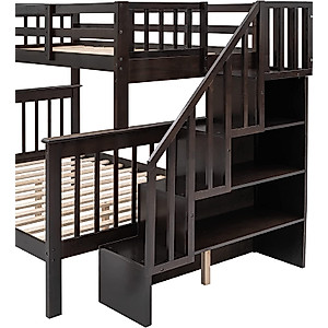 CITYLIGHT Bunk Beds Twin Over Full Size with Stairs, Wooden Bunk Beds with Storage Open Shelves, Stairway Bunk Bed Convertible to 2 Separated Beds,Kids Bunk Beds for Bedroom, Dorm,Espresso