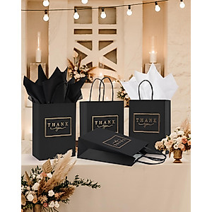 LWBDD 50 Pack Thank You Gift Bags-Small Size Thank You Bags in Bulk With Handles & Tissue Paper for Wedding, Baby Shower, Business, Shopping, Party Favors, Birthday, Hotel Guests (Black-Gold)