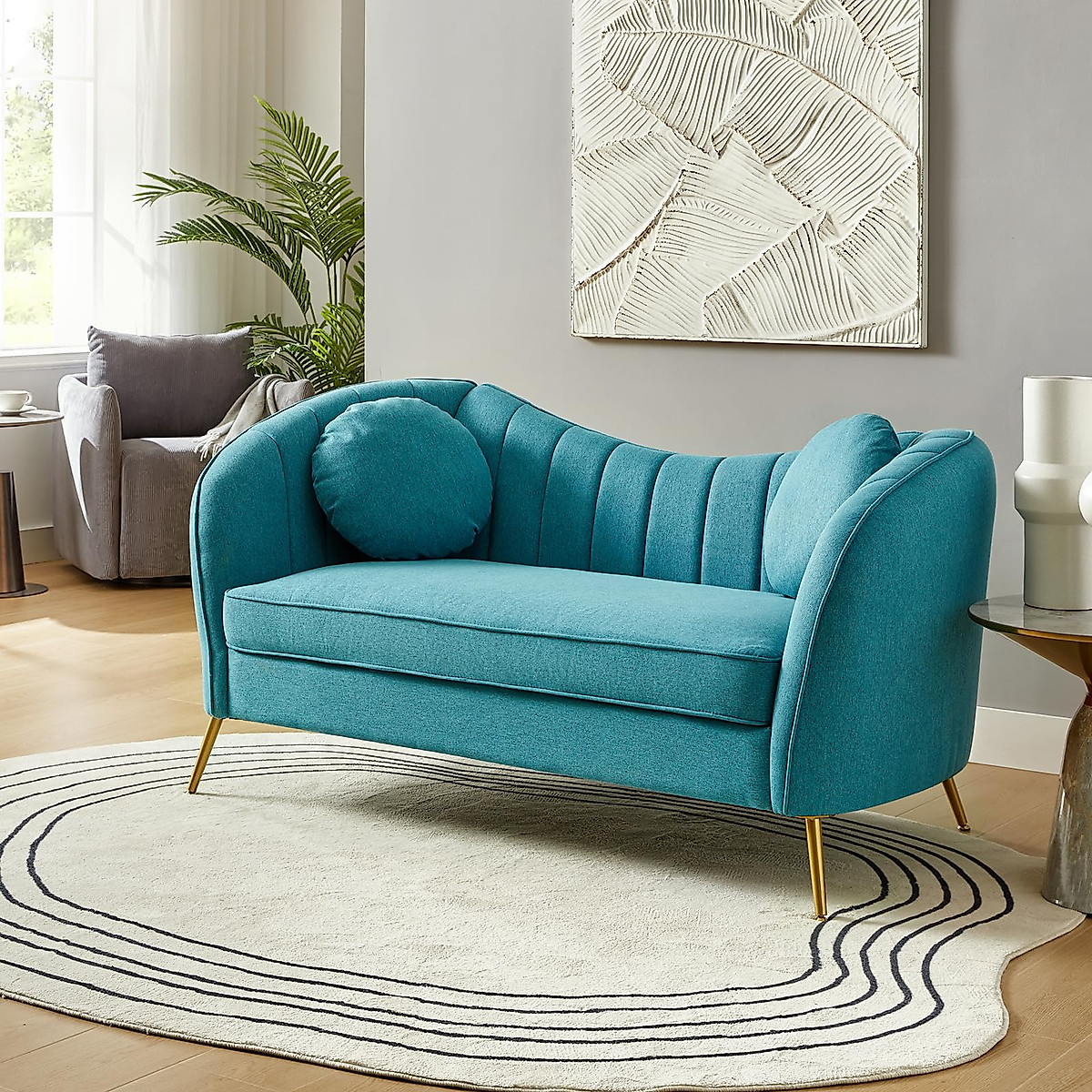 HULALA HOME Velvet Loveseat Sofa with 2 Pillows, Mid-Century Modern 2-Seat Sofa with Golden Legs for Bedroom, Comfy Upholstered Love Seat Couch, Teal