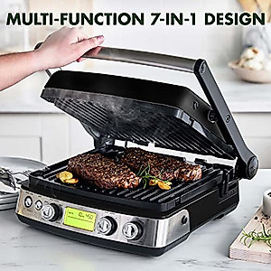GreenPan Elite 7-in-1 Multi-Function Contact Grill & Griddle, Healthy Ceramic Nonstick Aluminum, Two Sets of Grill & Waffle Plates, Adjustable Shade & Shear, Closed Press/Open Flat Surface, Black