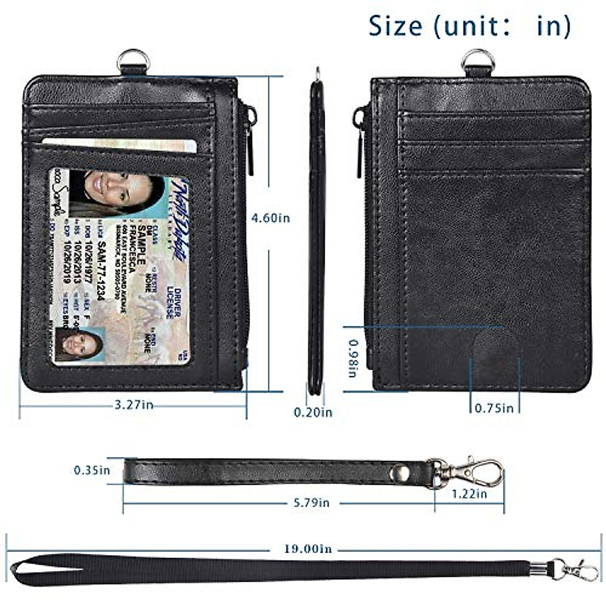 Teskyer Minimalist Wallet, Slim Wallet with Neck Lanyard and Wrist Strap, Credit Card Holder Wallet, RFID Blocking Front Pocket Wallet for Men Women, Black
