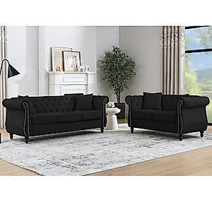 AZSJML 58.8" Chesterfield Loveseat Velvet Sofa for Living Room,Modern Upholstered 2-Seater Couch, Tufted Velvet Casual Sofa Rolled Arms and Nailhead with 2 Pillows for Bedroom, Office, Black