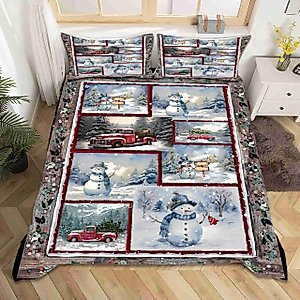 Snowman Bedding 4 Piece Set, King Size Happy New Year Geometric Patchwork Snowman Duvet Cover Set Winter Quilt Cover Christmas Theme Bed Sheet Set for Girls Boys Children Christmas Eve Bedding