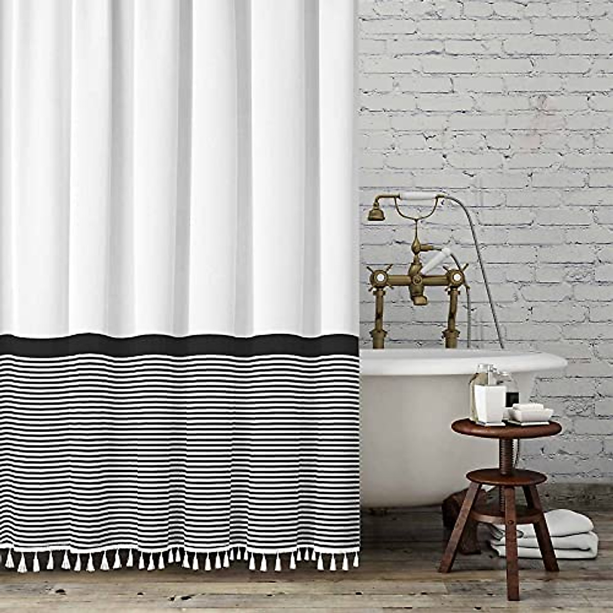 Seasonwood Black and White Shower Curtain Striped with Tassels for Bathroom Decor,Heavy Weighted 72-Inch , 72 x 72