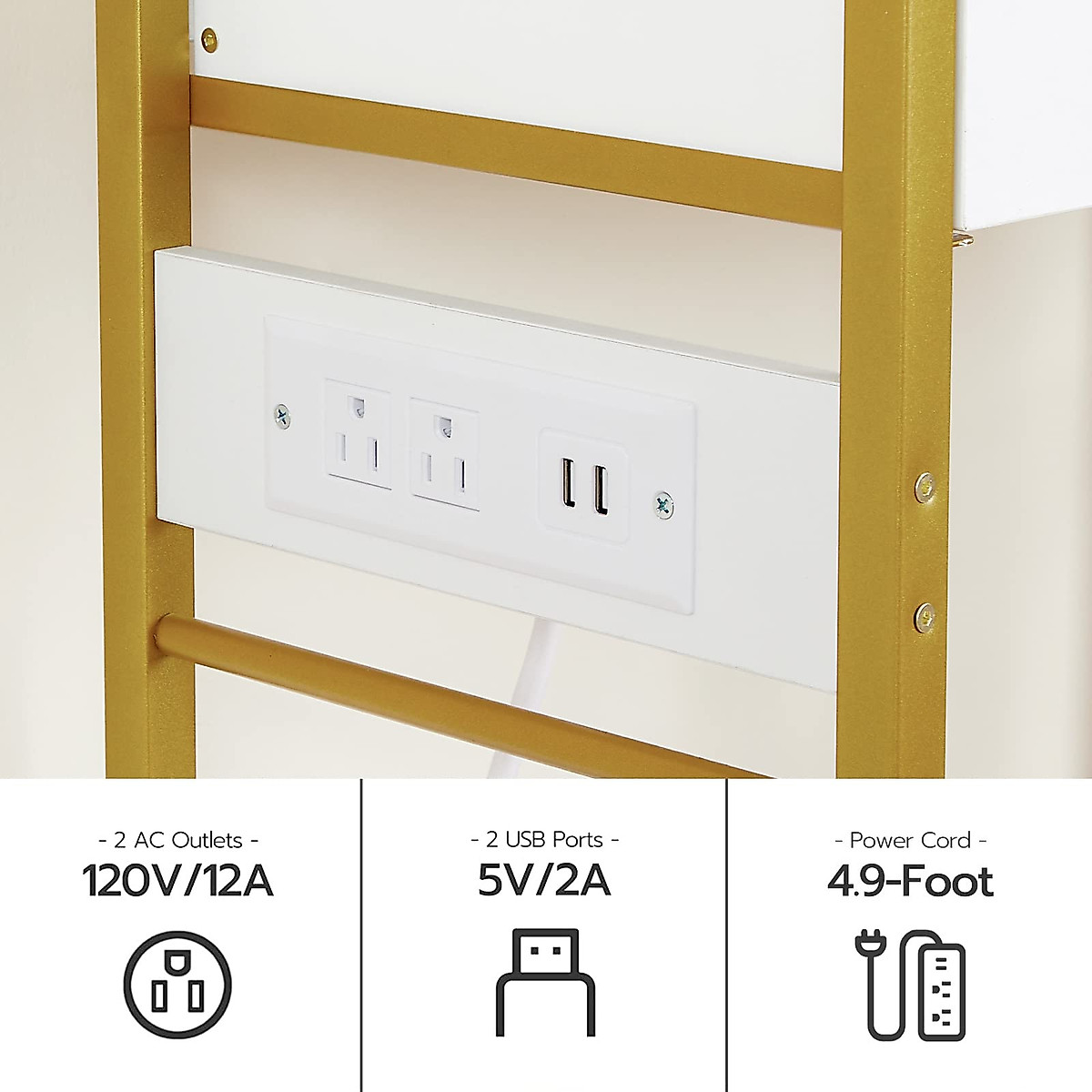 HOOBRO 5 Tier Bookcase with Charging Station, White and Gold Bookshelf with Drawer, Storage Shelves, Tempered Glass Bookshelf with Metal Frame, Open Display Shelves for Living Room, Gold DW65USJ01