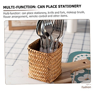 OSALADI Makeup Seagrass Weaving Remote Desk Organizer Pencil Small Vase Flower Wicker Utensil Control Kitchen Plant Office Brush Straw Pen Basket Rattan Trash Can Holder Desktop