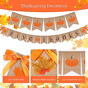 5 Pieces Happy Fall Burlap Banners Thanksgiving Garland Banners Maple Leaf Pumpkin Thanks Banners Rustic Fall Harvest Bunting Flags for Fall Harvest Thanksgiving Decorations