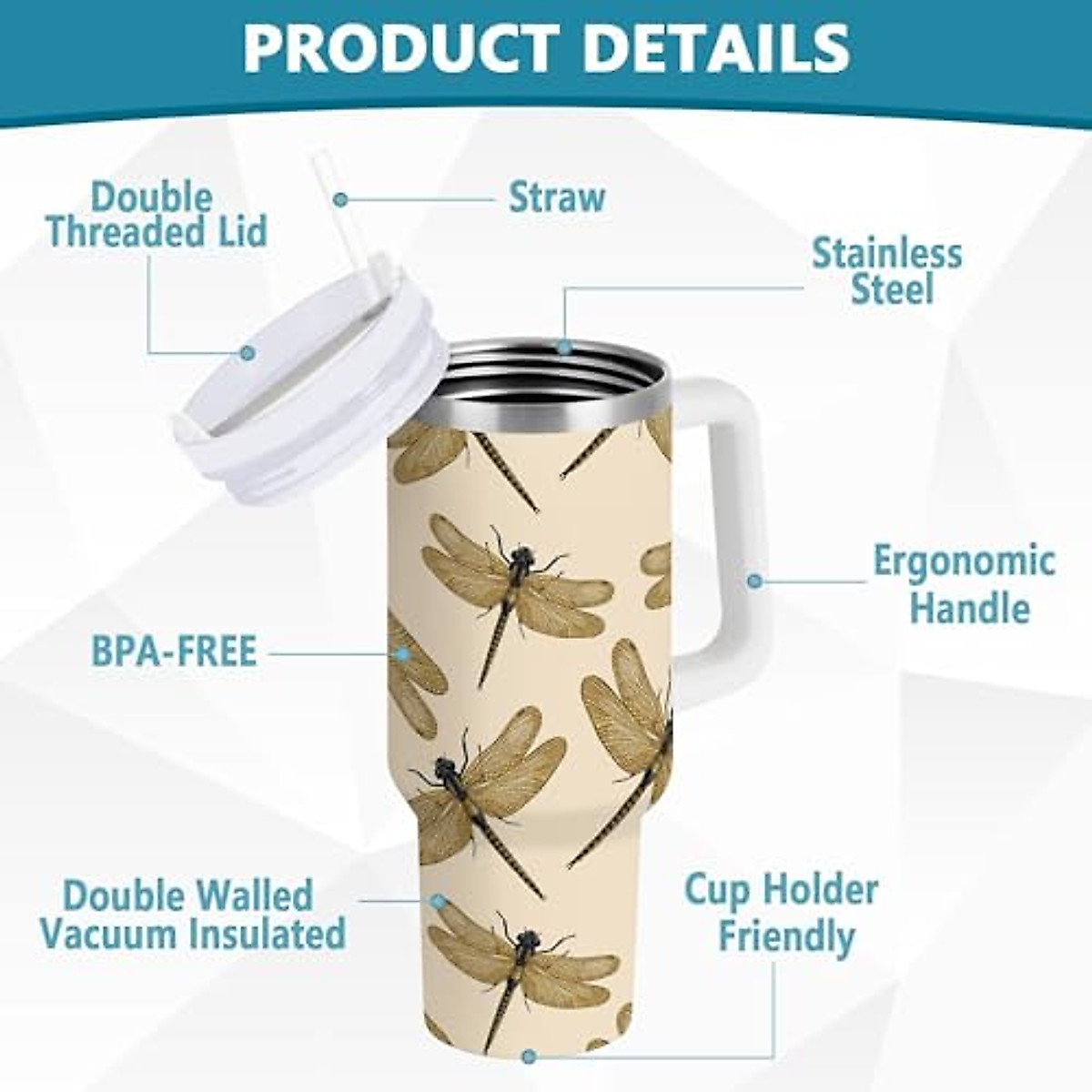 DIGTIA Stainless Steel Insulated Tumbler w/Handle & Straw, Dragonfly Double Wall Vacuum Travel Coffee Mug Cup w/Lid, Leak-Proof Sports Beige Water Bottle,40oz