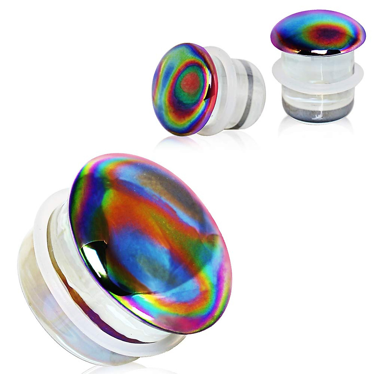 Pierced Owl Glass Aurora Rainbow Single Flare Plug Gauges with Clear Silicone O-Ring, Sold as a Pair (22mm (7/8"))