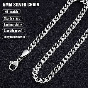 Fiusem Silver Tone Cuban Link Chain for Men, 5mm Mens Chain Necklaces, Stainless Steel Chain Necklaces for Men Women and Boys, 20 Inch