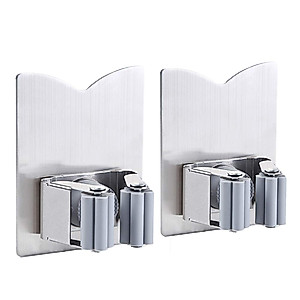 2 Pack Mop Broom Holder Racks 304 Stainless Steel Self Adhesive Heavy Duty Wall Mounted Mop Organizer Storage Clip Multi-Used for Garage Kitchen and Bathroom