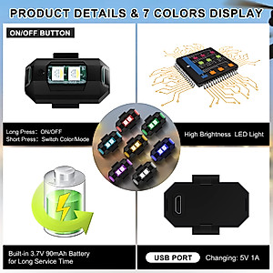 FICOLPO 4 Pcs LED Drone Strobe Light, Anti-Collision Warning Night Light for Motorcycle, Mavic Mini Drone, DJI Mini 3 pro, DJI Air 2S, Mini 2, Mavic Air 2-7 Colors Lights & USB Recharge