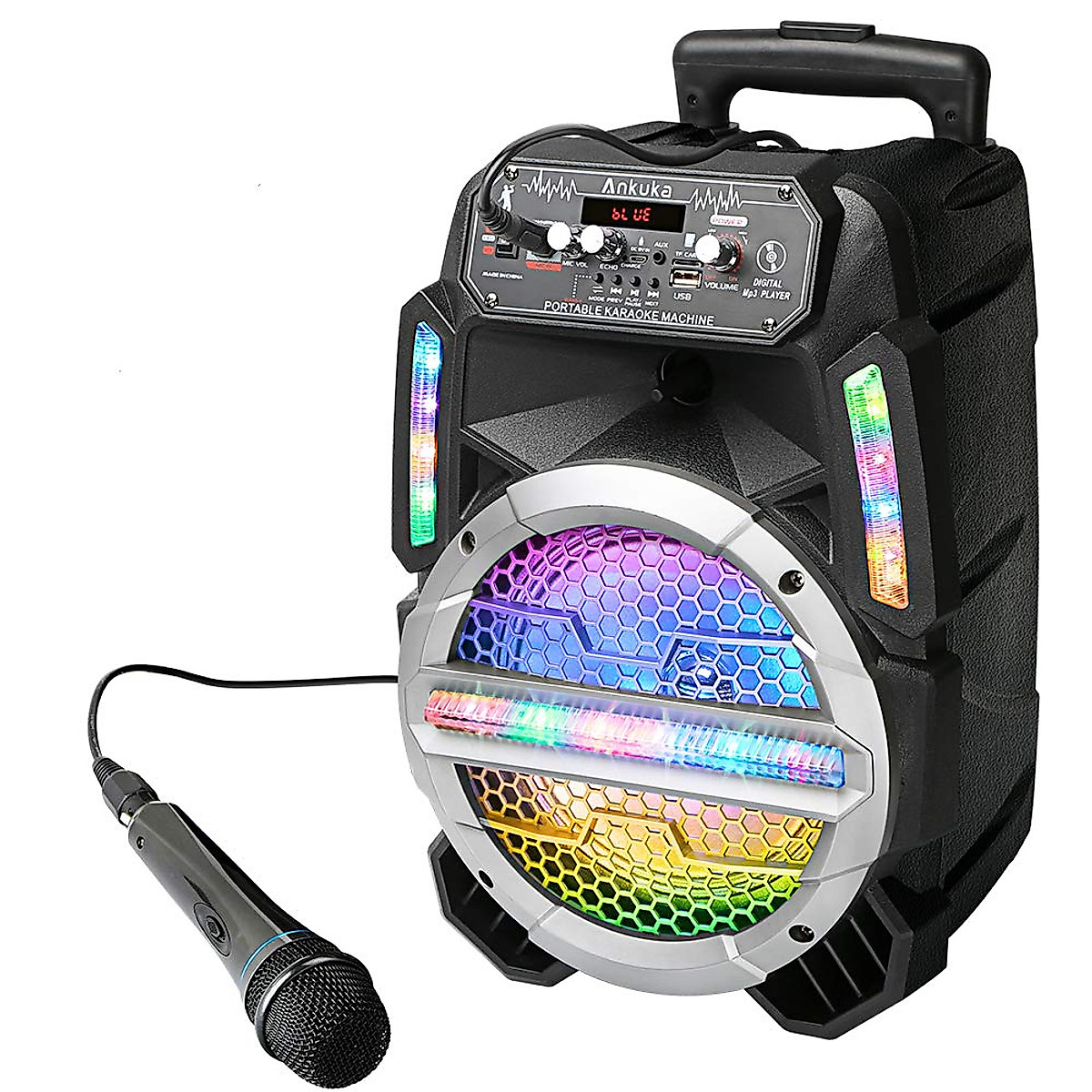 Ankuka Bluetooth Karaoke Machine for Kids and Adults with Colorful LED Lights, Wireless PA Speaker Sound System with 8'' Subwoofers and Wired Microphone for Party, Singing