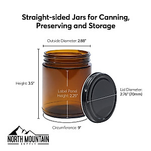 North Mountain Supply 9 Ounce Amber Glass Straight Sided Mason Canning Jars - with 70mm Gold Metal Lids - Case of 12