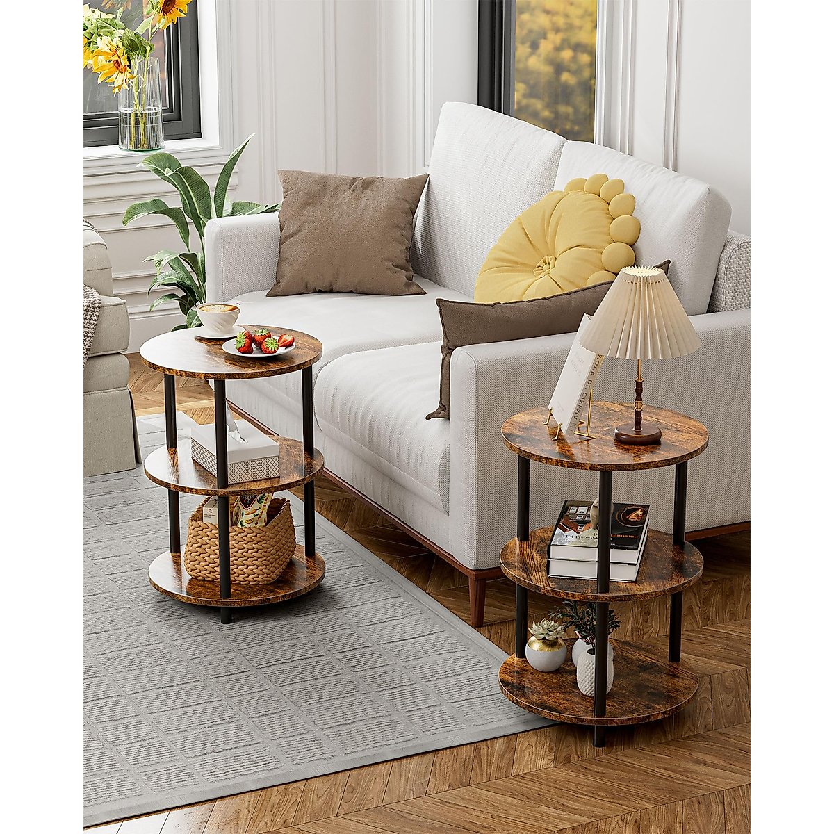 Frylr Round End Tables Living Room Set of 2 - Small Accent Table with Round Top for Stylish Bedside or Side Table Use in Small Spaces, Robust Metal Frame, Brown